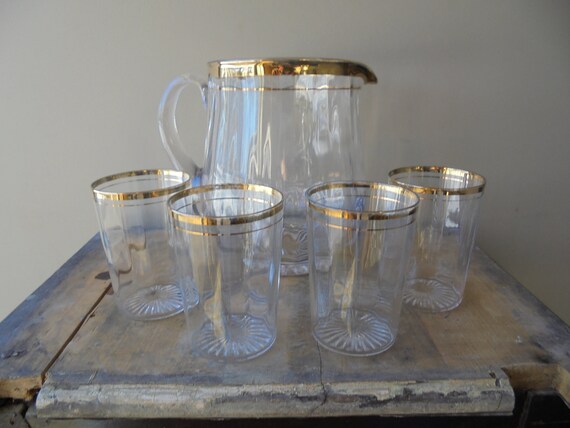 Vintage Five Piece Juice Pitcher and Glasses Set Clear Glass - Etsy