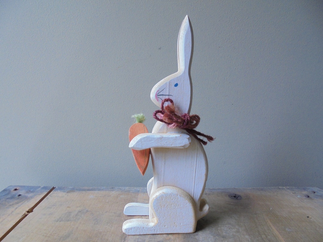 Vintage Wooden Bunny Rabbit Figurine White Bunny With Carrot - Etsy