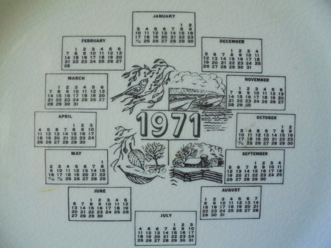 1971 Calendar Plate, Vintage Decorative White China Plate, 1971 Display ...
