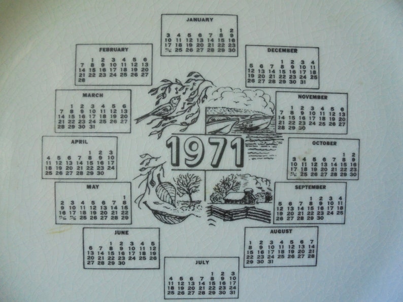 1971 Calendar Plate, Vintage Decorative White China Plate, 1971 Display ...