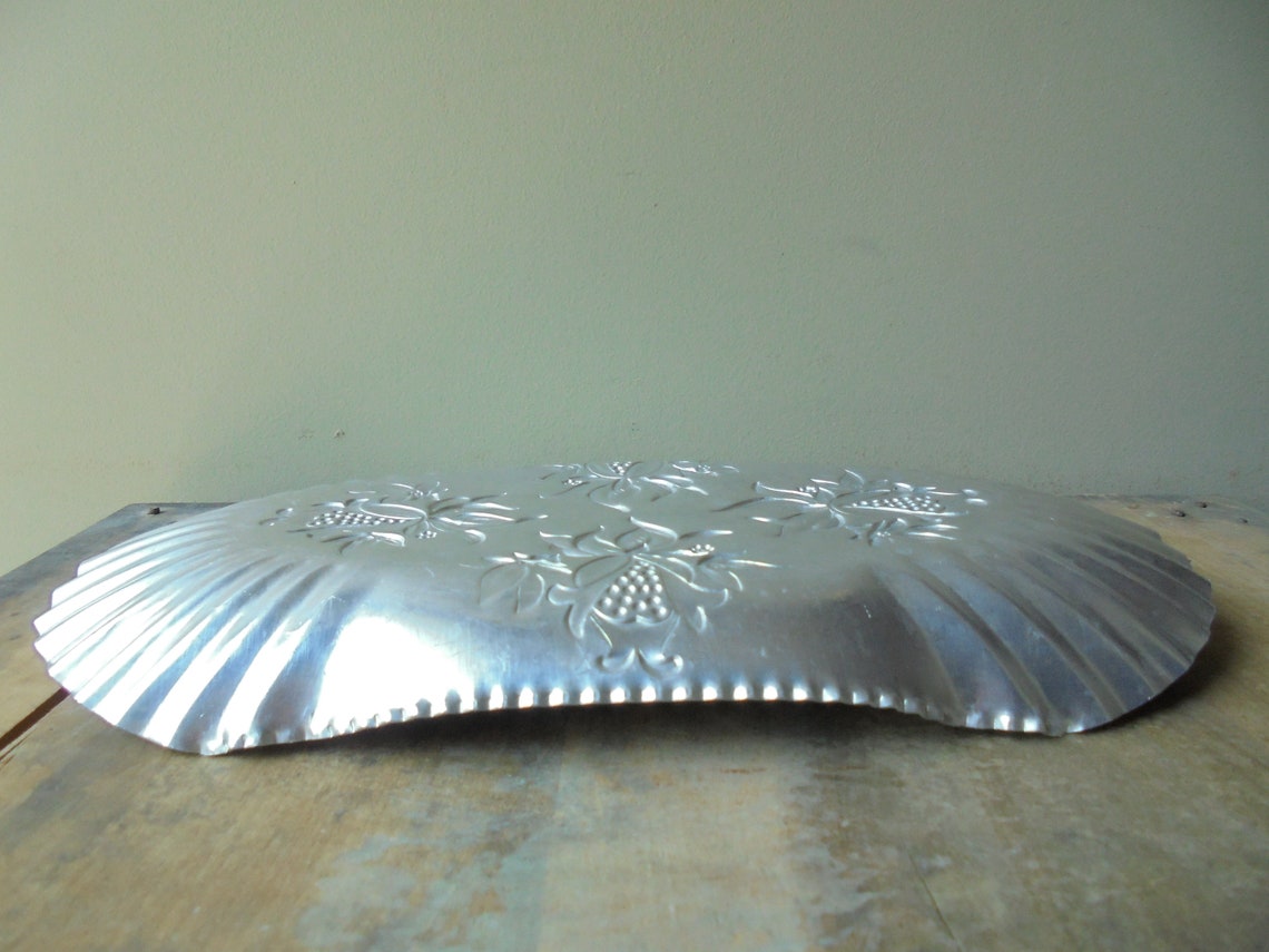 Vintage Embossed Tin Platter Silver Tray with Embossed Floral | Etsy
