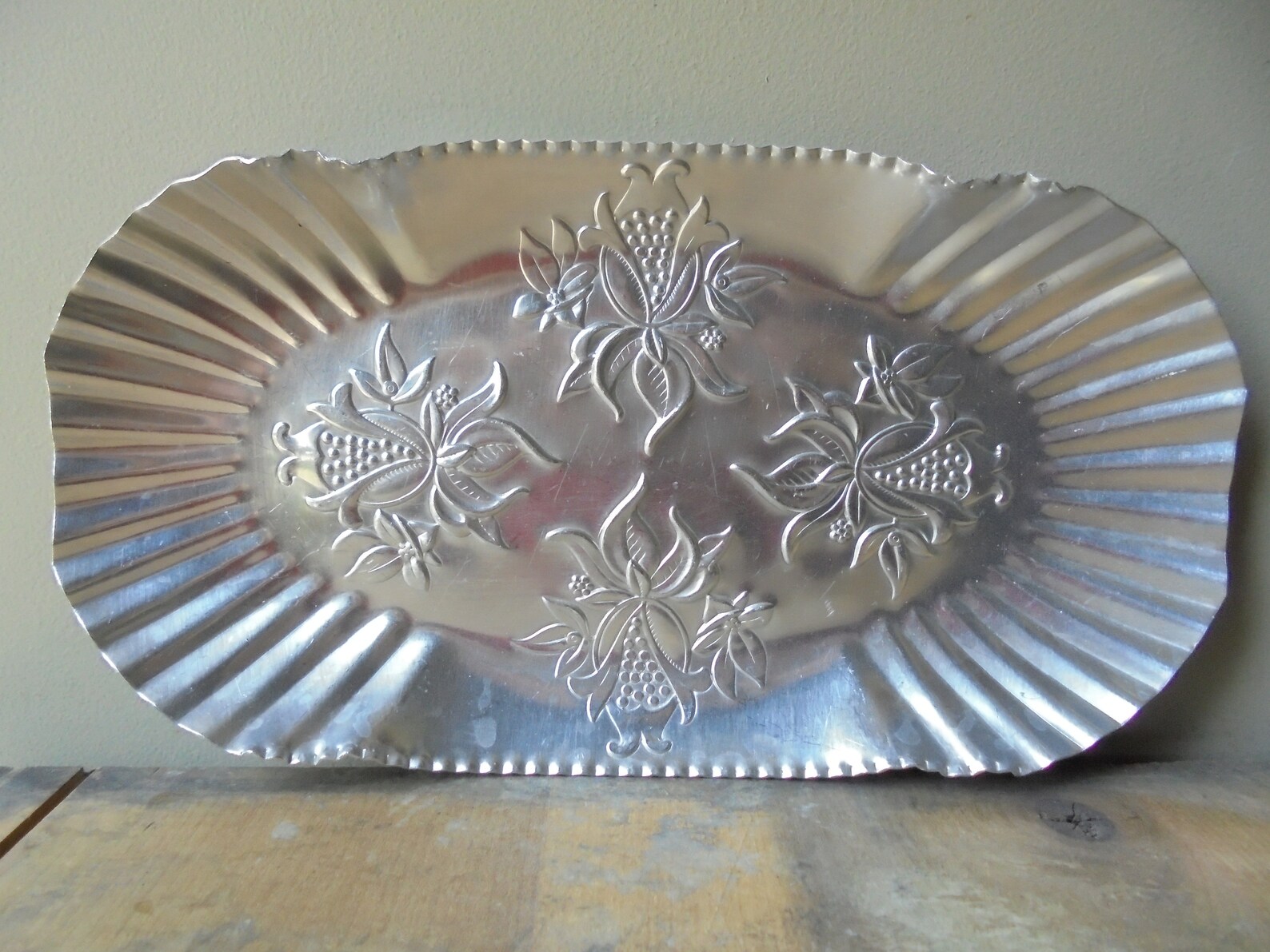Vintage Embossed Tin Platter, Silver Tray With Embossed Floral Detail ...