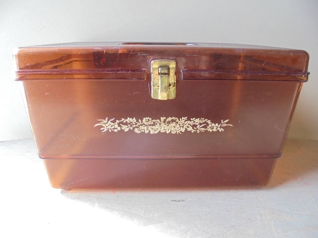 Vintage Burnt Orange Plastic Sewing Box, Gold Floral Design - Etsy