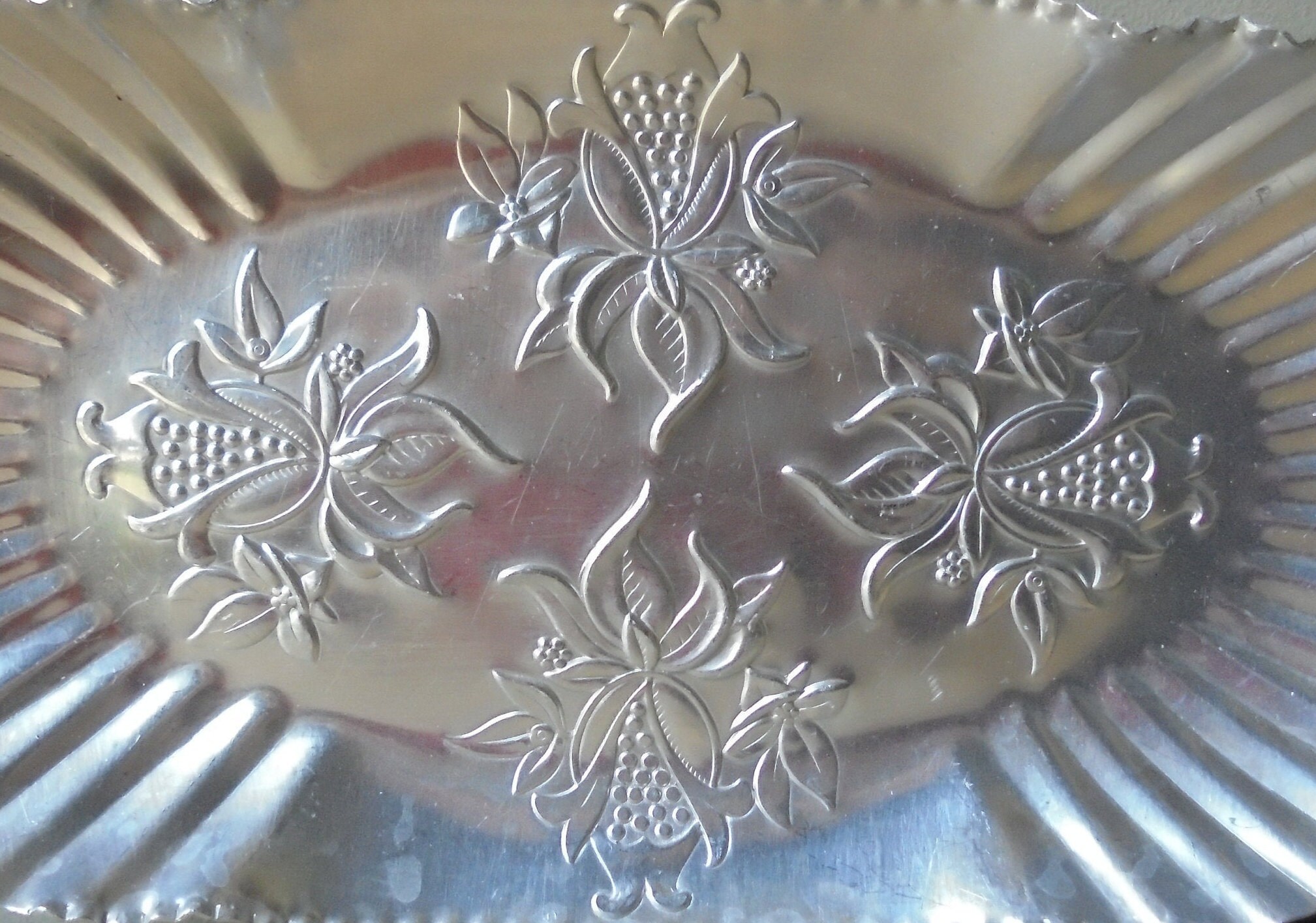 Vintage Embossed Tin Platter, Silver Tray With Embossed Floral Detail ...