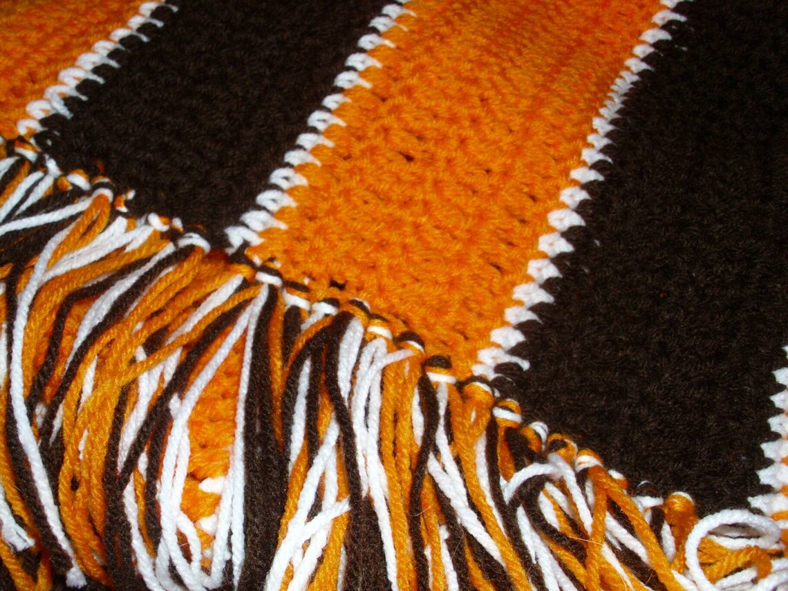 Cleveland Browns Themed Orange and Brown Striped Crochet Afghan With ...