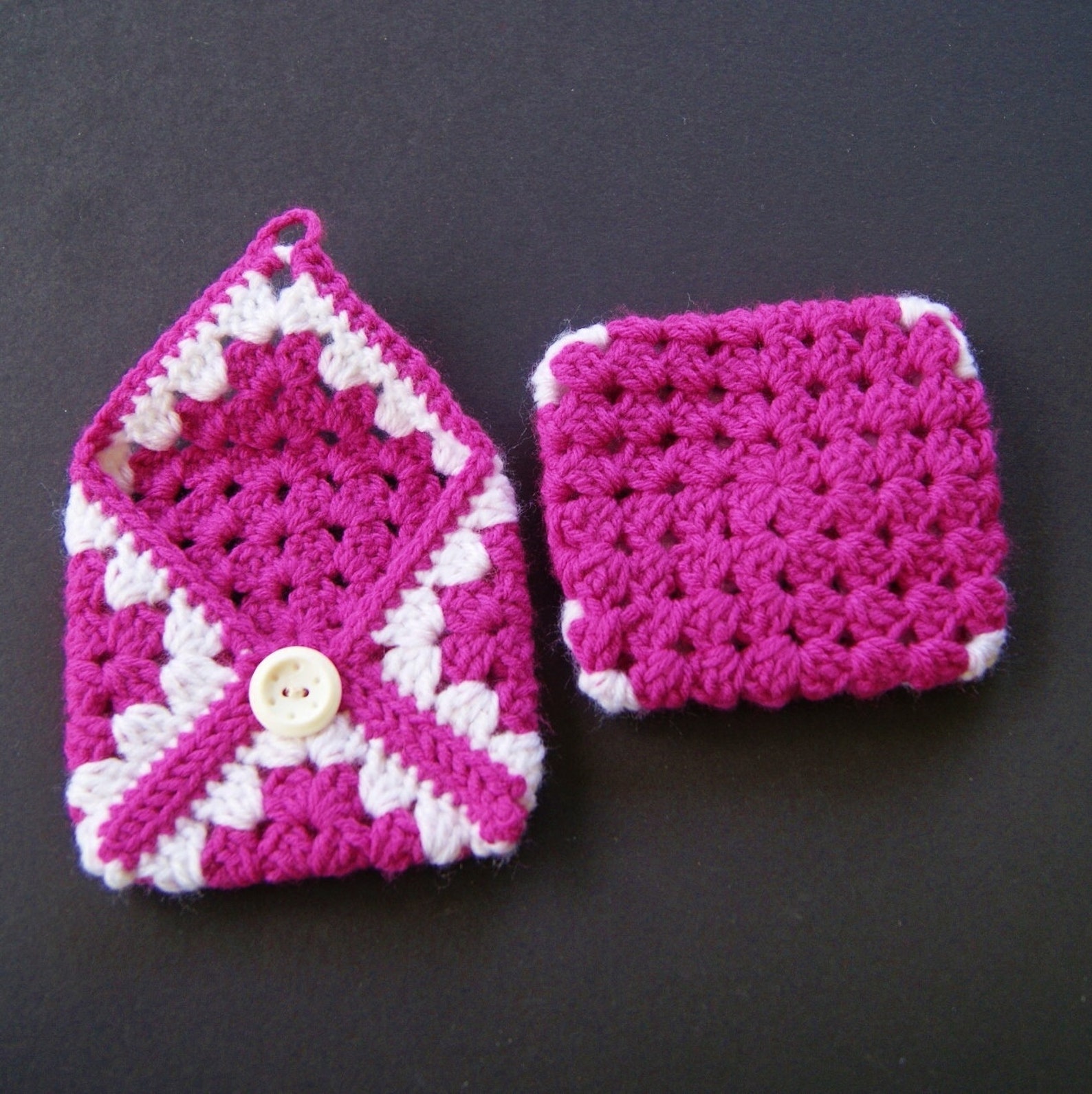 Pink, Bright Pink and White Crocheted Granny Square Wallet Pouch ...