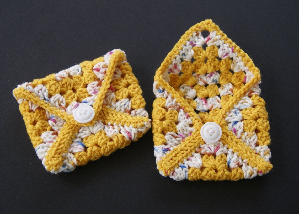 Crocheted Butter Scotch Yellow Granny Square Wallet Pouch, Button ...