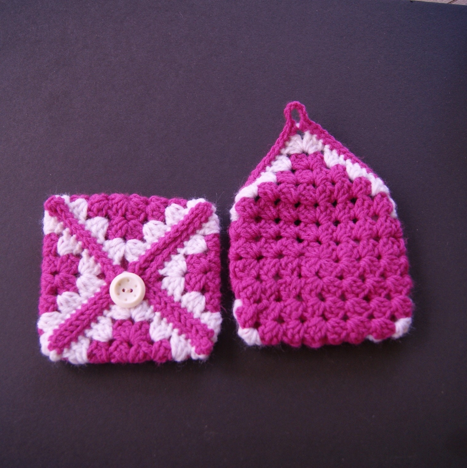 Pink, Bright Pink and White Crocheted Granny Square Wallet Pouch ...