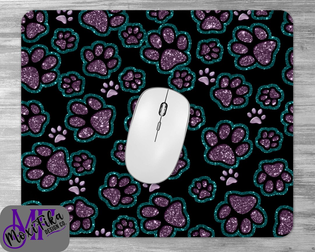 Paw Print Mouse Pad - Paw Print Desk Mat - Purple and Teal Glittery Paw ...