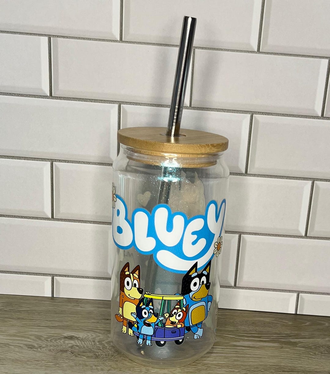 Bluey Custom Glass Can: Personalized Iced Coffee Cup With Bamboo Lid - Etsy