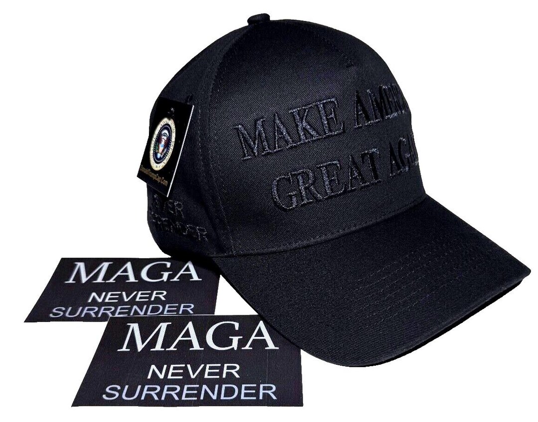 Trump...official..dark MAGA ..never Surrender... Hat..+ 2 Decals ...