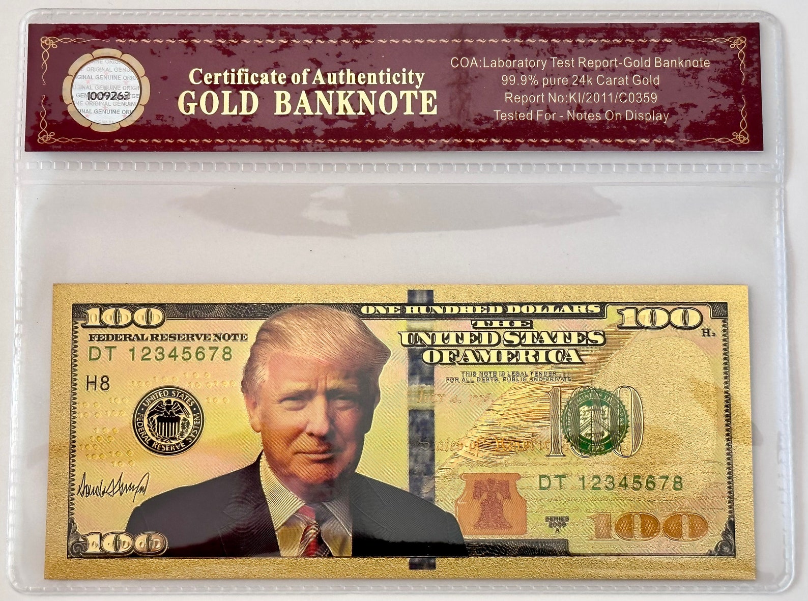President Donald Trump.. 100 Dollar Bill.. 24K Gold 3D Overlay... With ...
