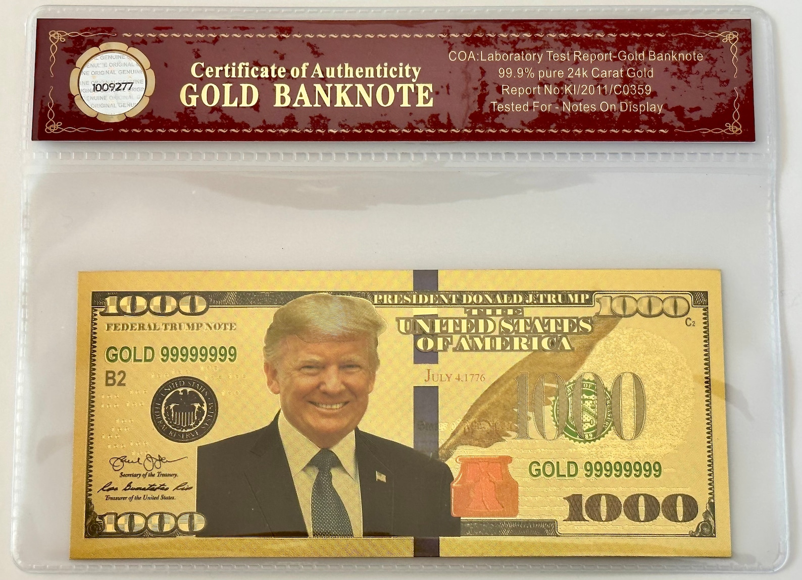 President Donald Trump.. 1000 Dollar Bill.. 24K Gold 3D Overlay... With ...