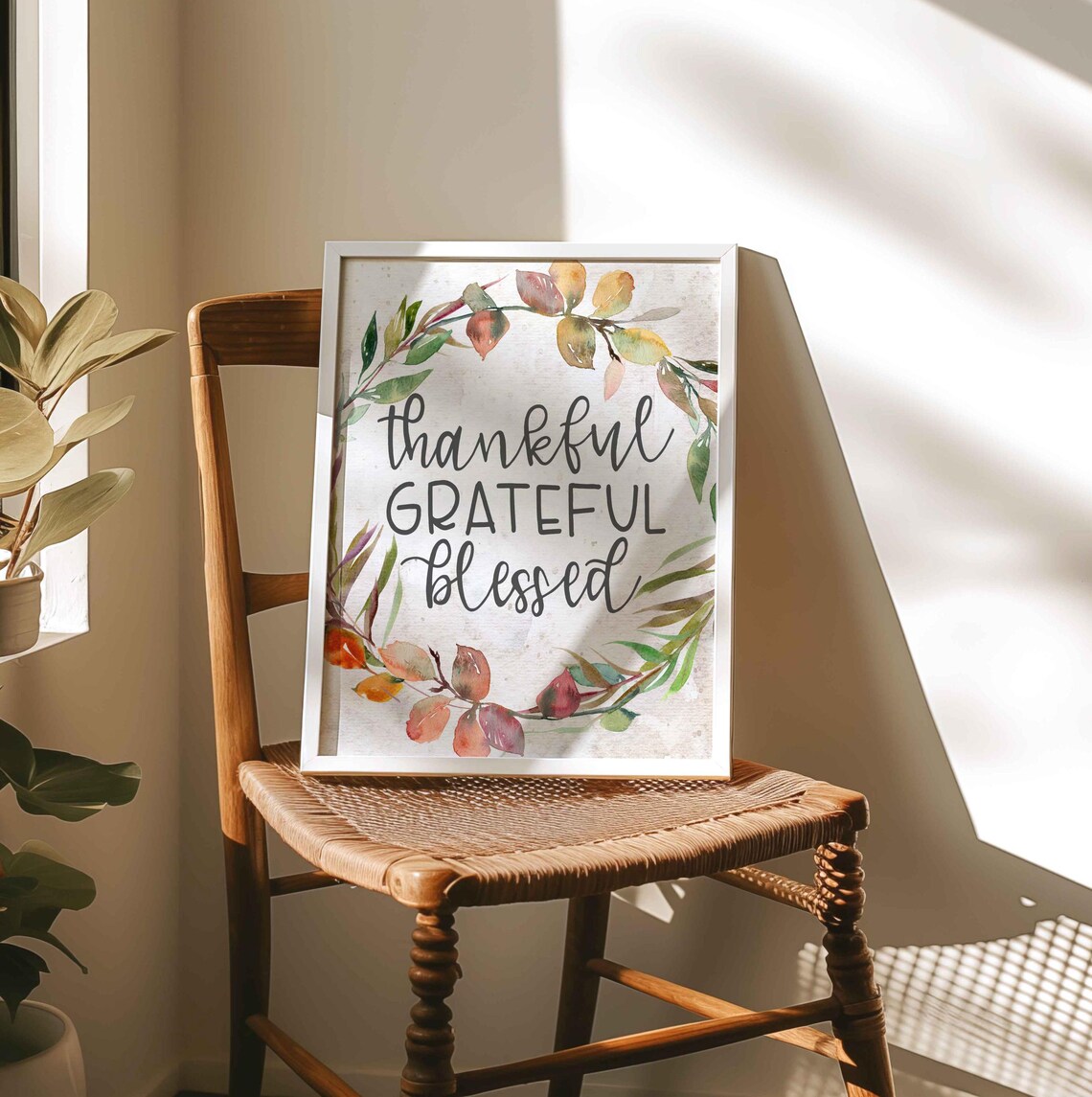 Thankful Grateful Blessed Print: Fall Leaves Thanksgiving Decor ...