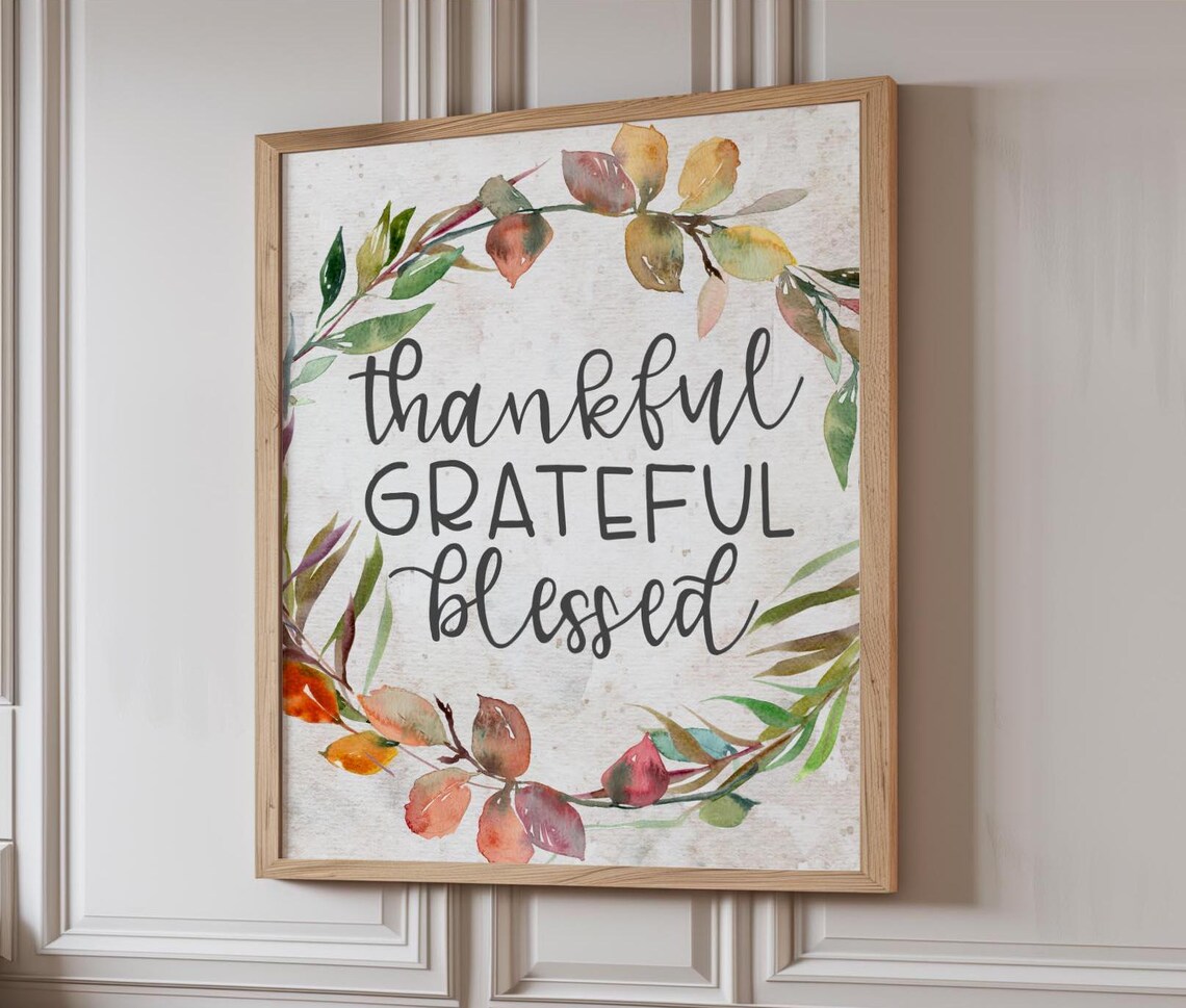 Thankful Grateful Blessed Print: Fall Leaves Thanksgiving Decor ...