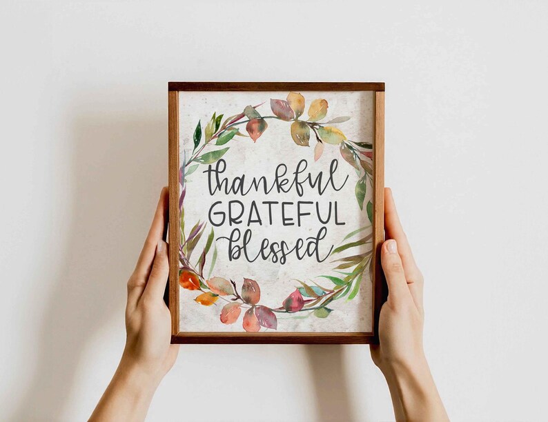 Thankful Grateful Blessed Print: Fall Leaves Thanksgiving Decor ...