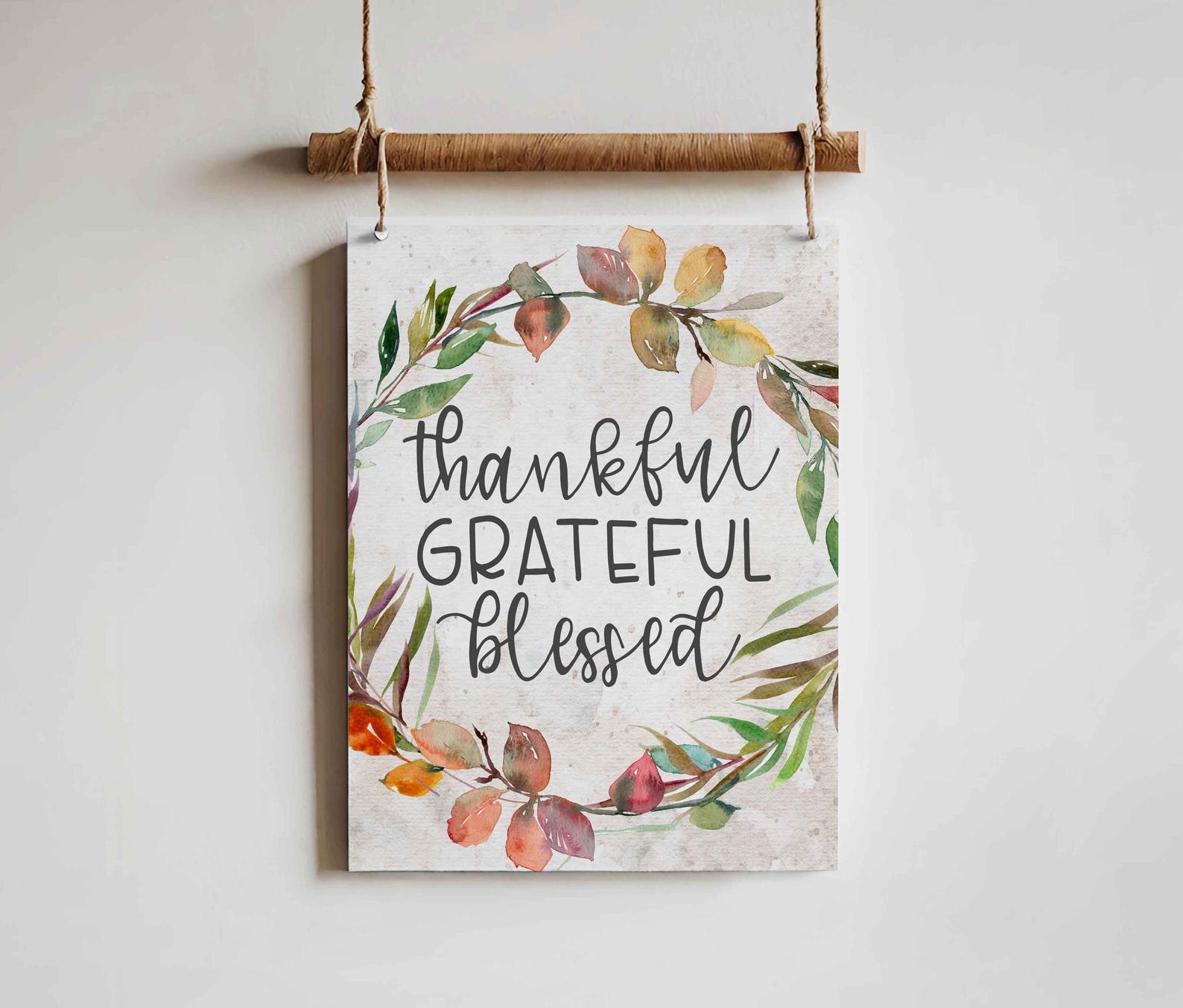 Thankful Grateful Blessed Print: Fall Leaves Thanksgiving Decor ...