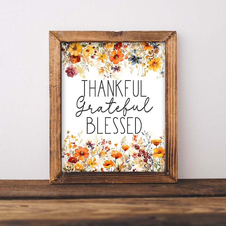 Thankful Grateful Blessed Watercolor Floral Printable (digital Download ...