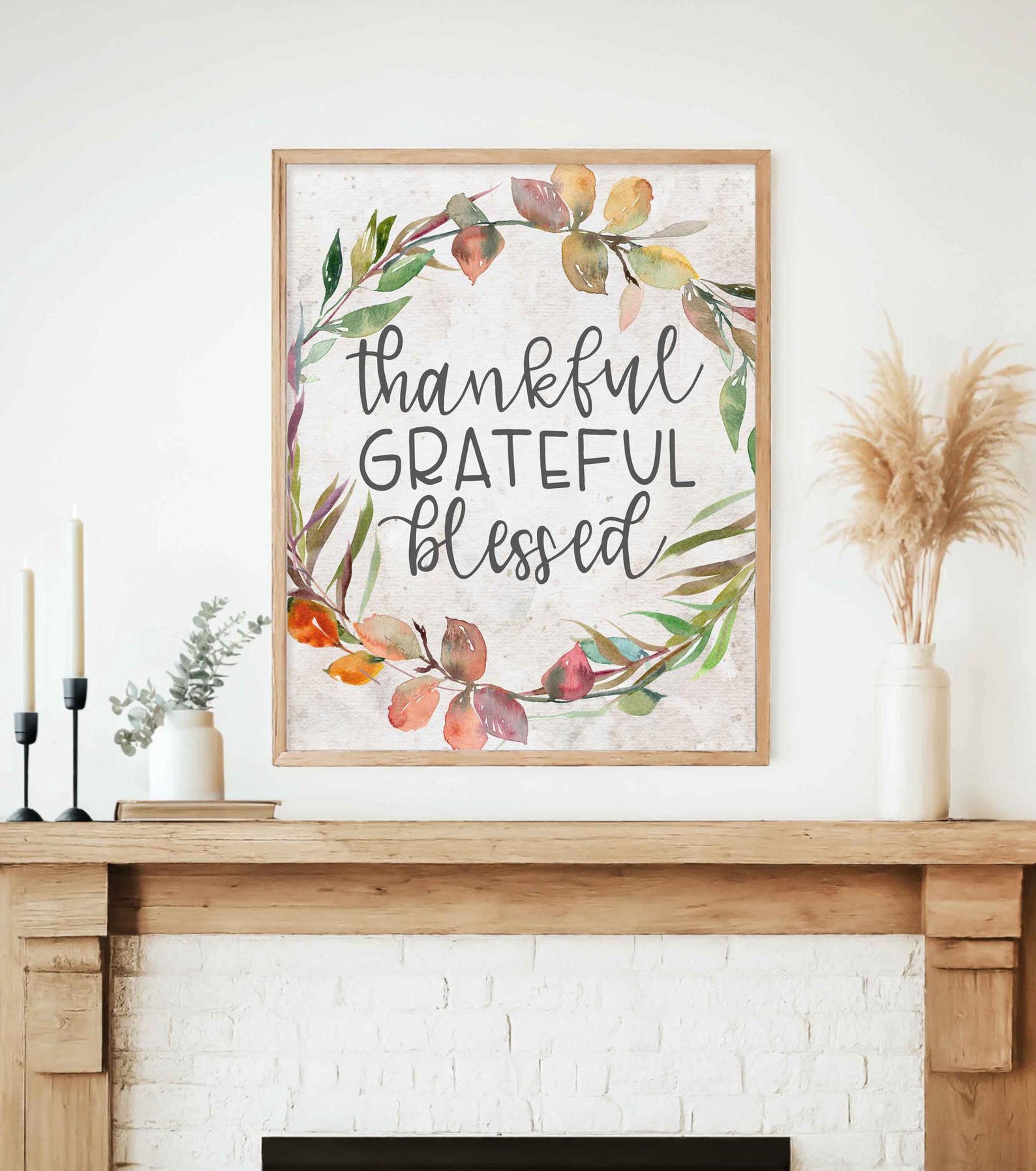Thankful Grateful Blessed Print: Fall Leaves Thanksgiving Decor ...