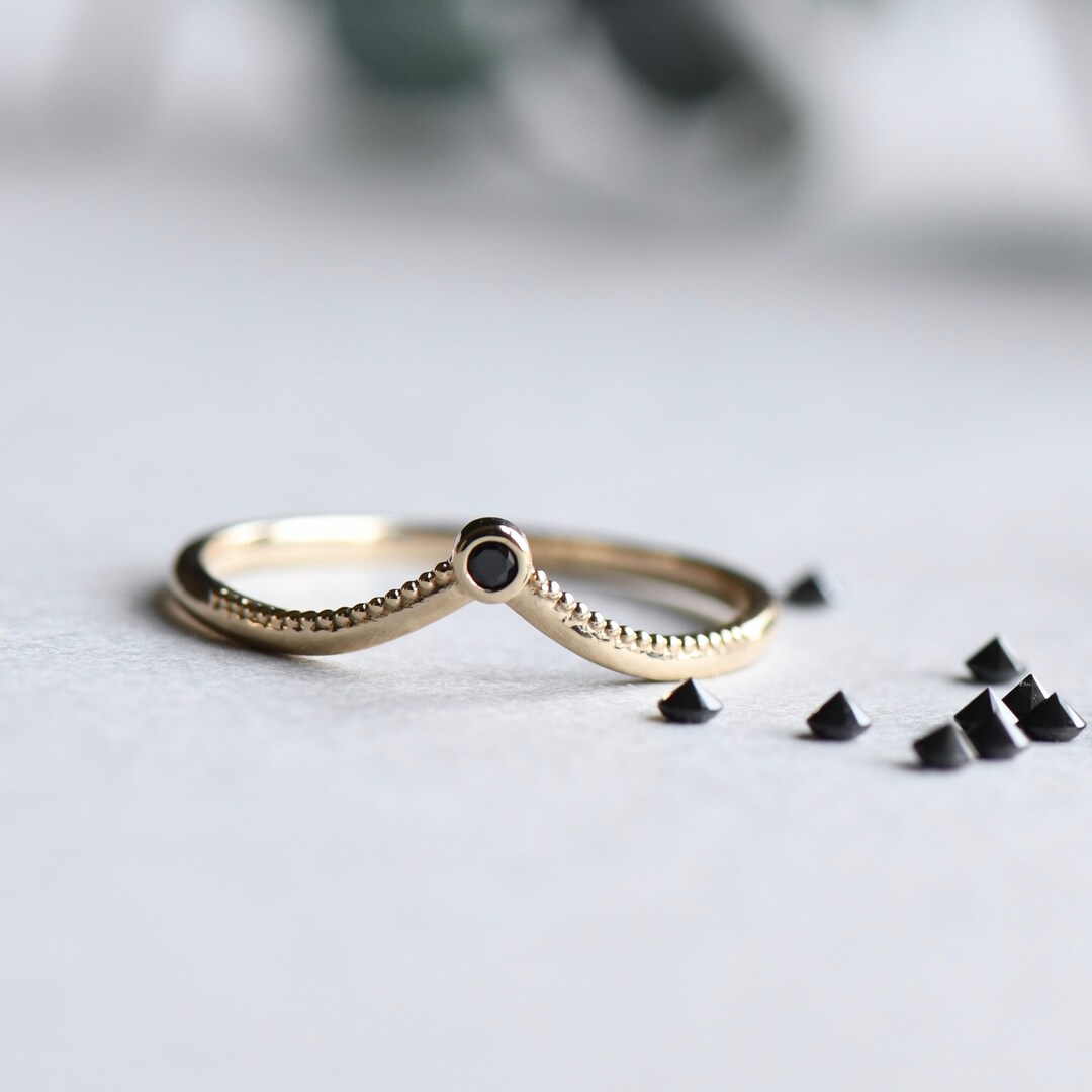 14k Solid Yellow Gold V Ring Guard, Chevron Ring, Black Diamond, Dainty ...