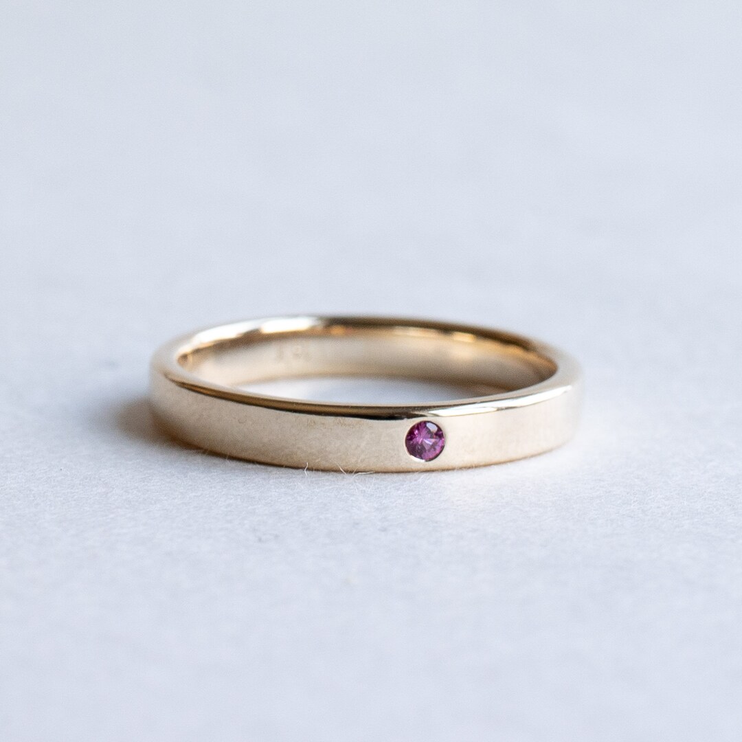 14k Yellow Gold Ruby Ring, 3mm Wedding Band, Flush Setting Ruby Ring ...