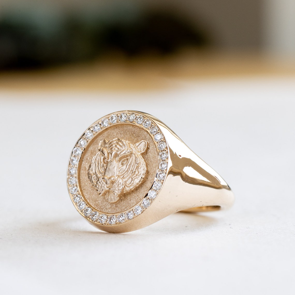 14k Gold Tiger Diamond Signet Ring Diamond Ring Statement | Etsy