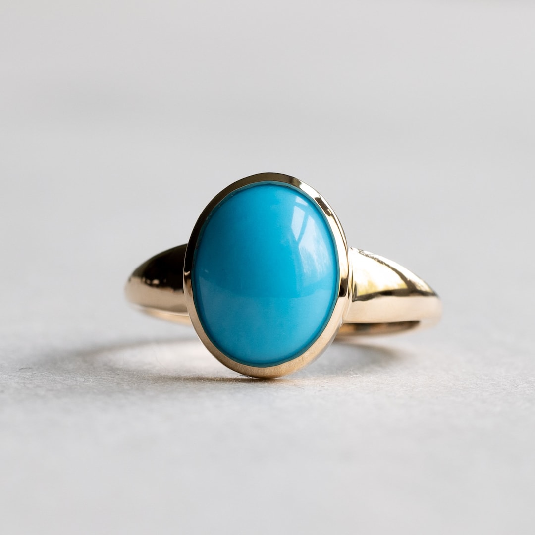 18k Gold Sleeping Beauty Turquoise Ring: Oval Cabochon Statement Ring ...