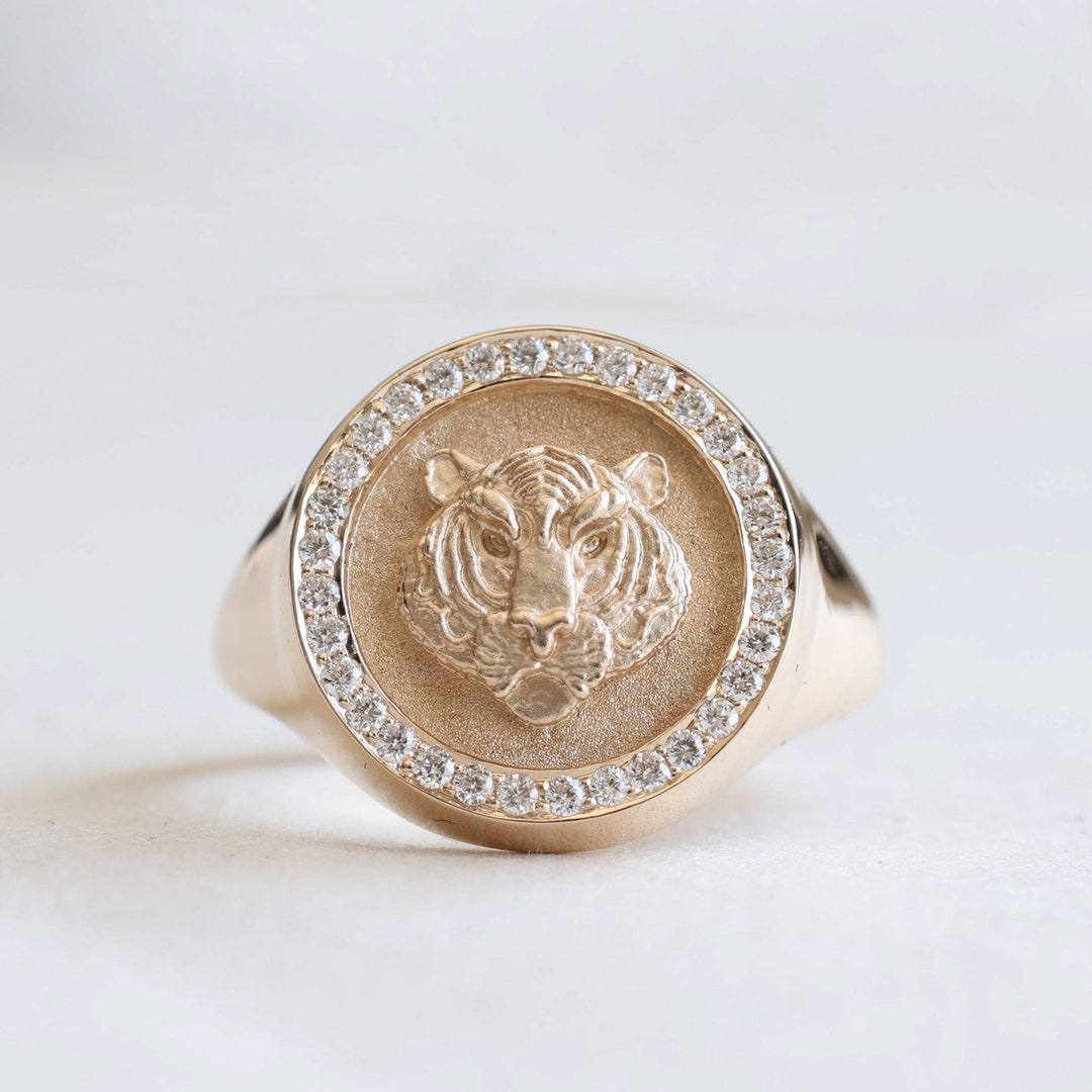 14k Gold Tiger Diamond Signet Ring, Diamond Ring, Statement Ring ...