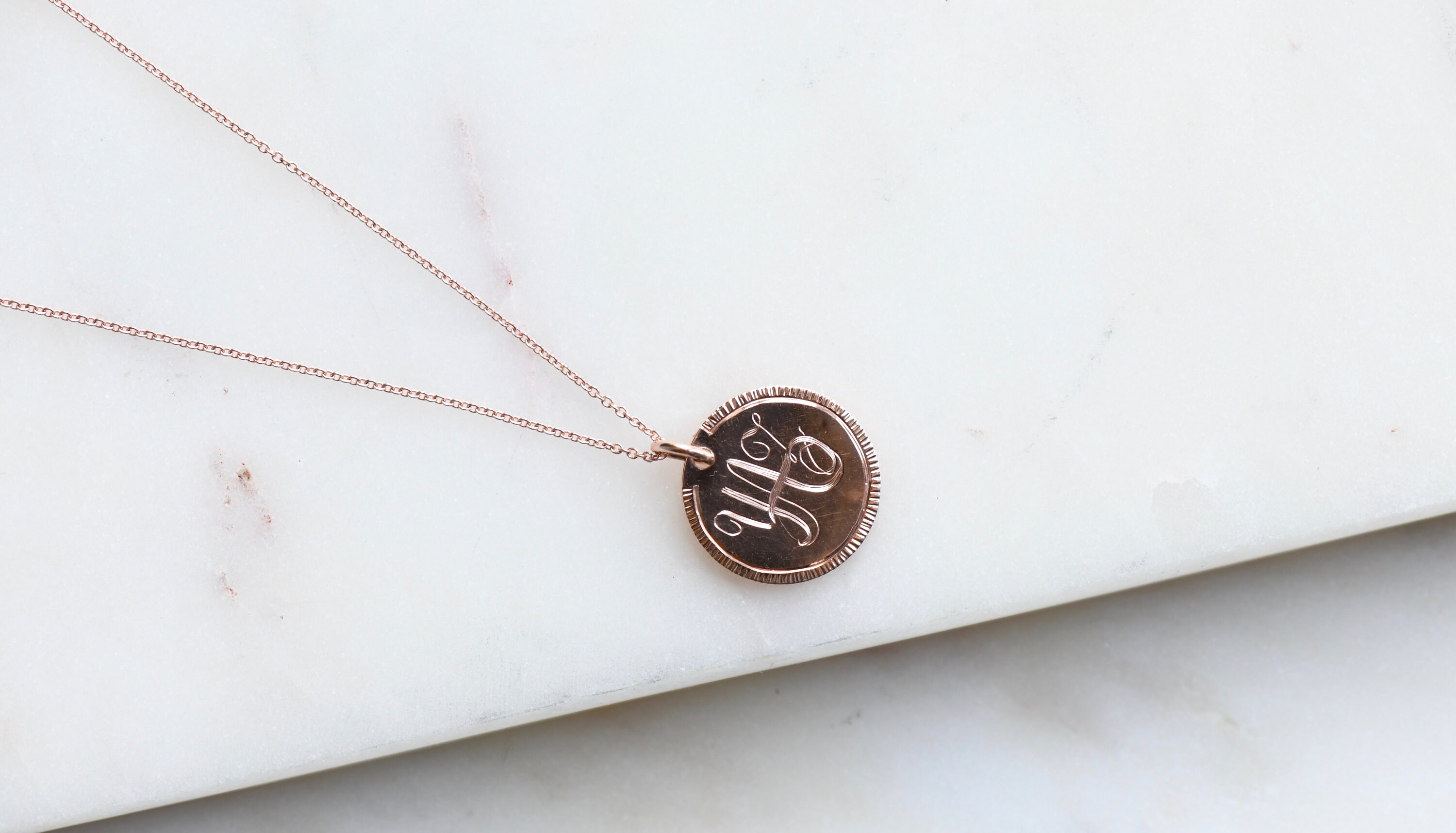 14k Solid Rose Gold Hand Engraved Monogram Necklace | Etsy