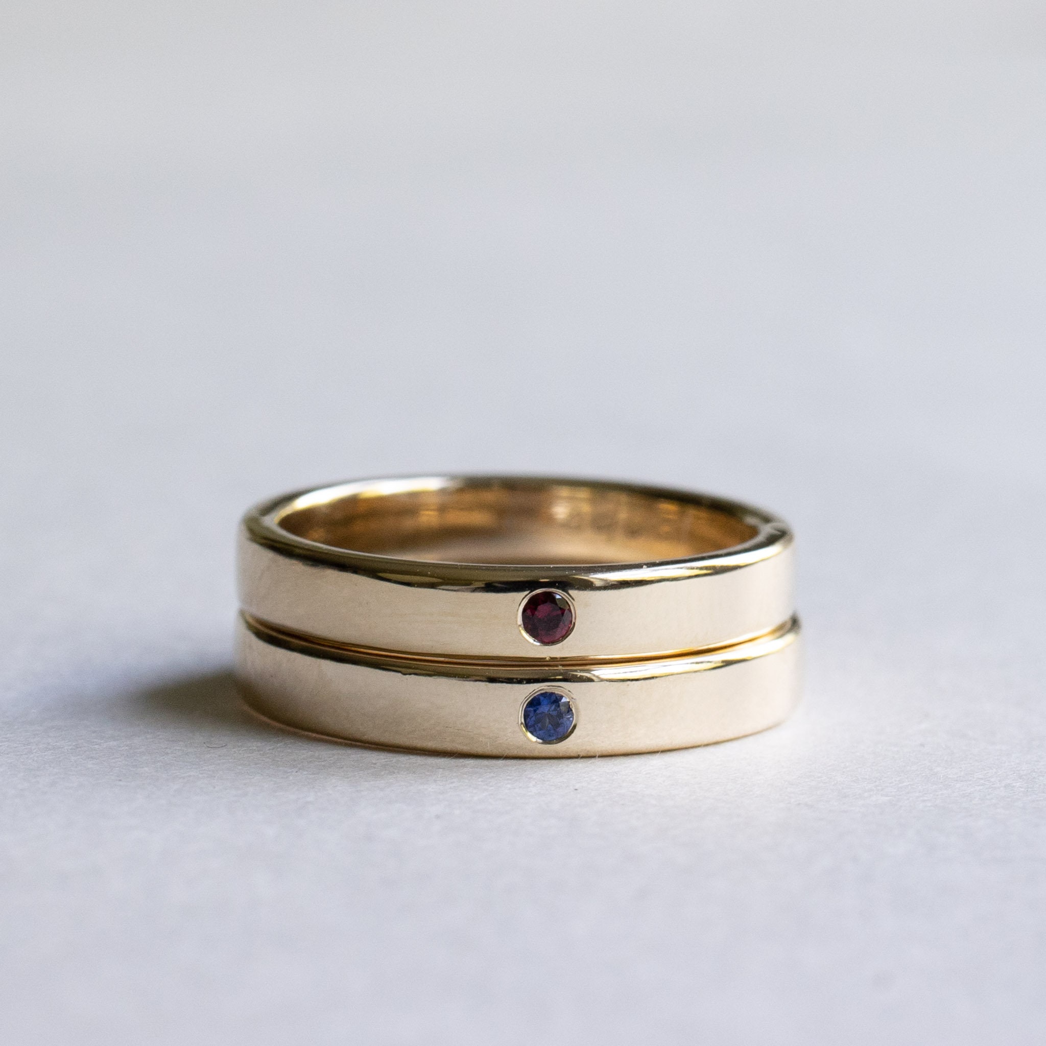 14k Yellow Gold Ruby Ring, 3mm Wedding Band, Flush Setting Ruby Ring ...