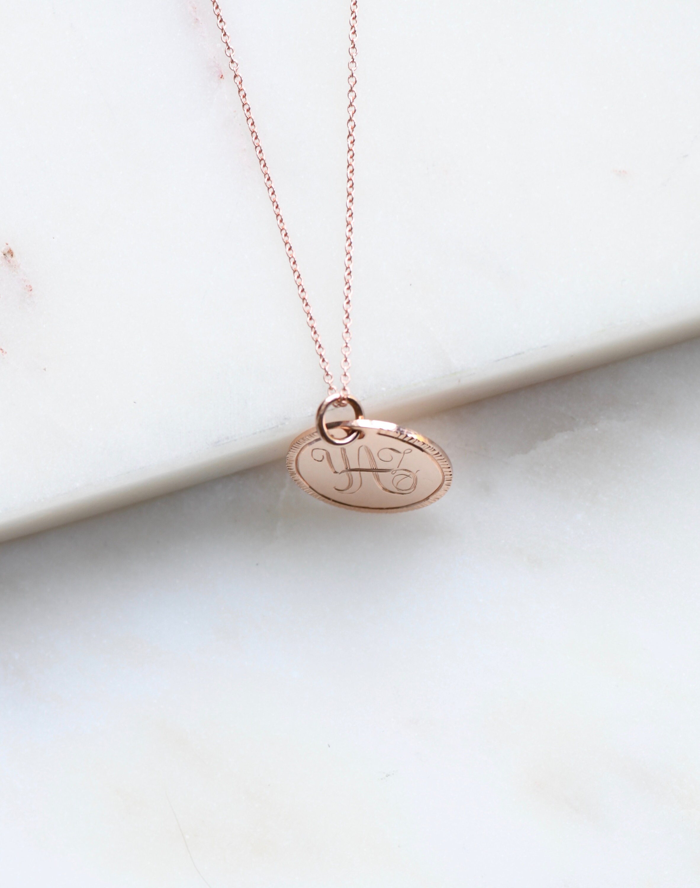 14k Solid Rose Gold Hand Engraved Monogram Necklace | Etsy