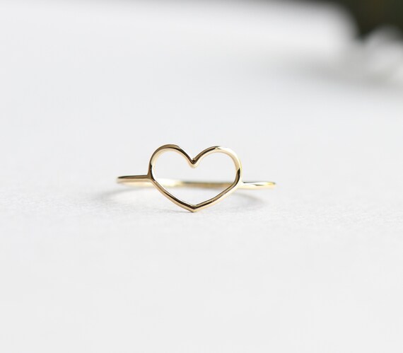 14K Solid Yellow Gold Open Heart Ring Thin Ring Dainty Ring | Etsy