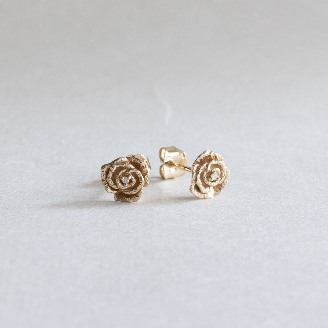 14K Diamond Rose Studs, Floral Studs, Rose Diamond Earrings, Gold Studs ...