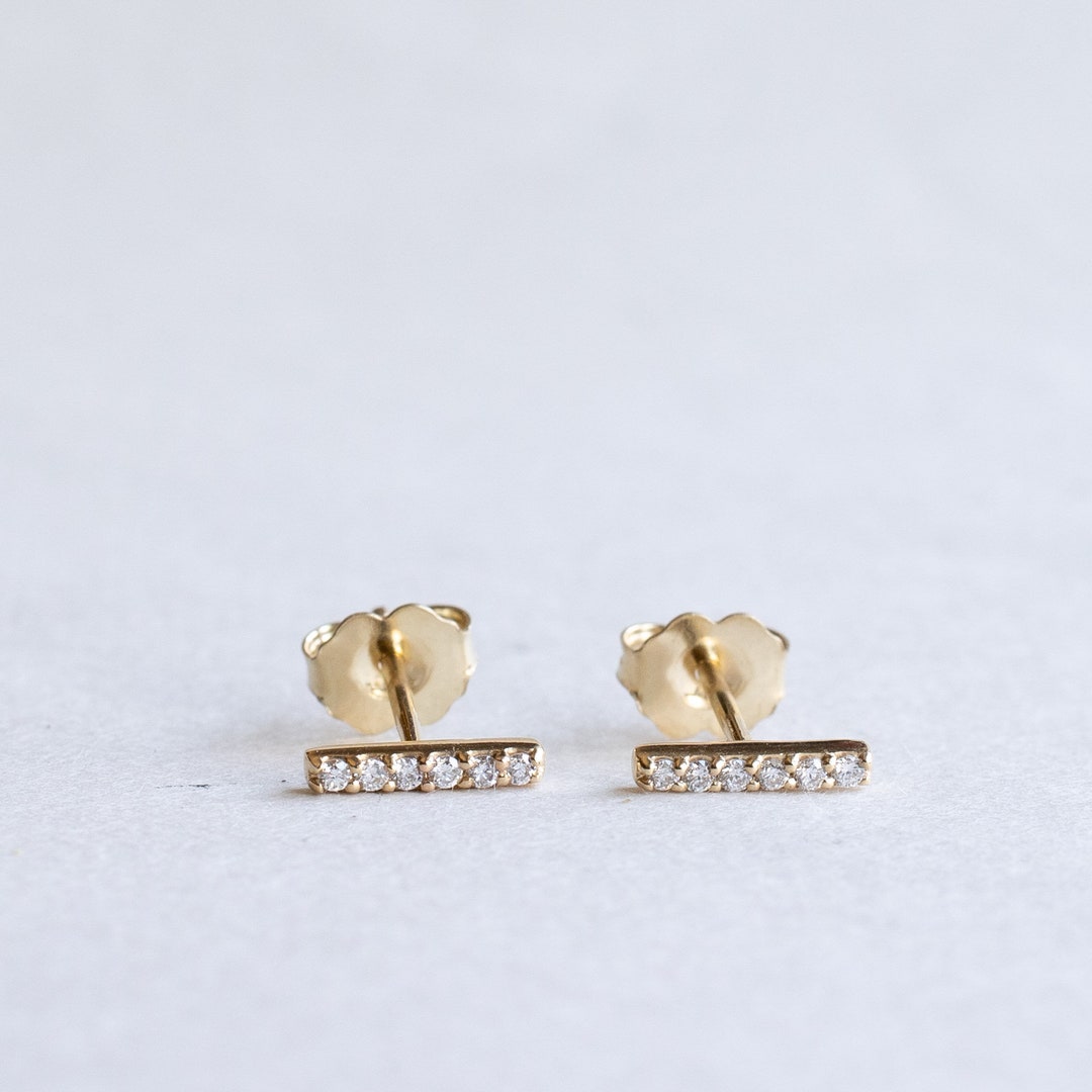 14k Solid Gold Bar Diamond Studs Earrings, Lab Diamond Studs, 1/10 CTW ...