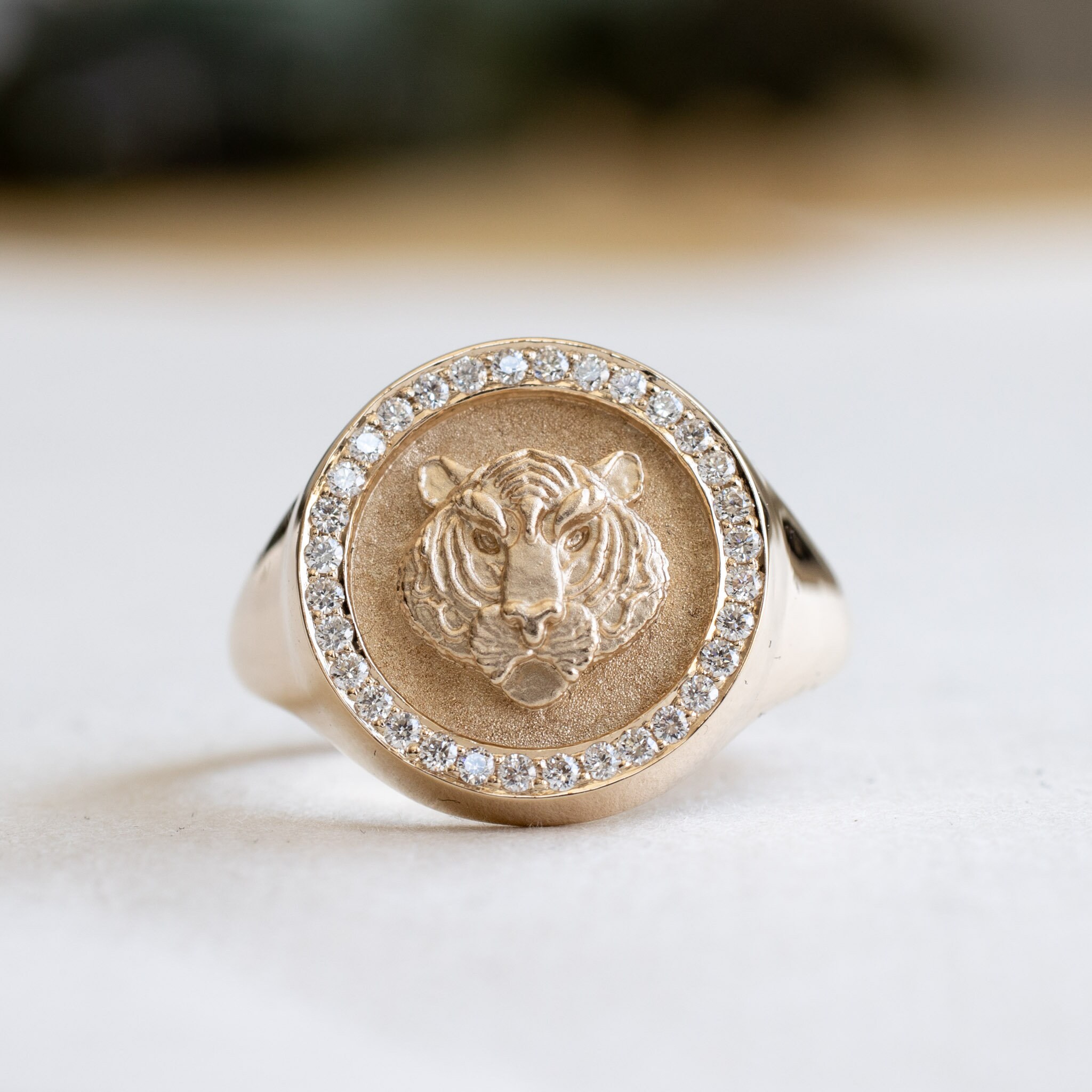 14k Gold Tiger Diamond Signet Ring Diamond Ring Statement | Etsy
