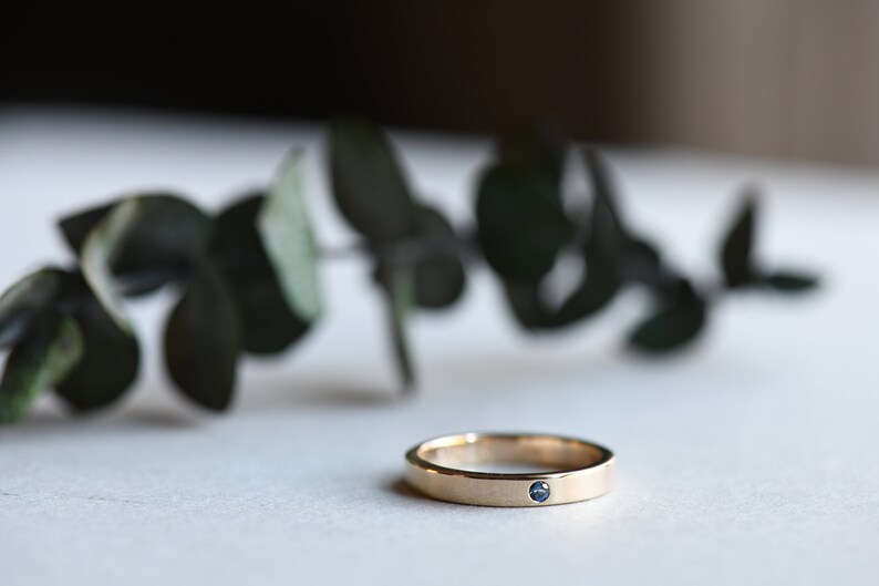 14k Yellow Gold Sapphire Ring 3mm Wedding Band Flush Setting | Etsy
