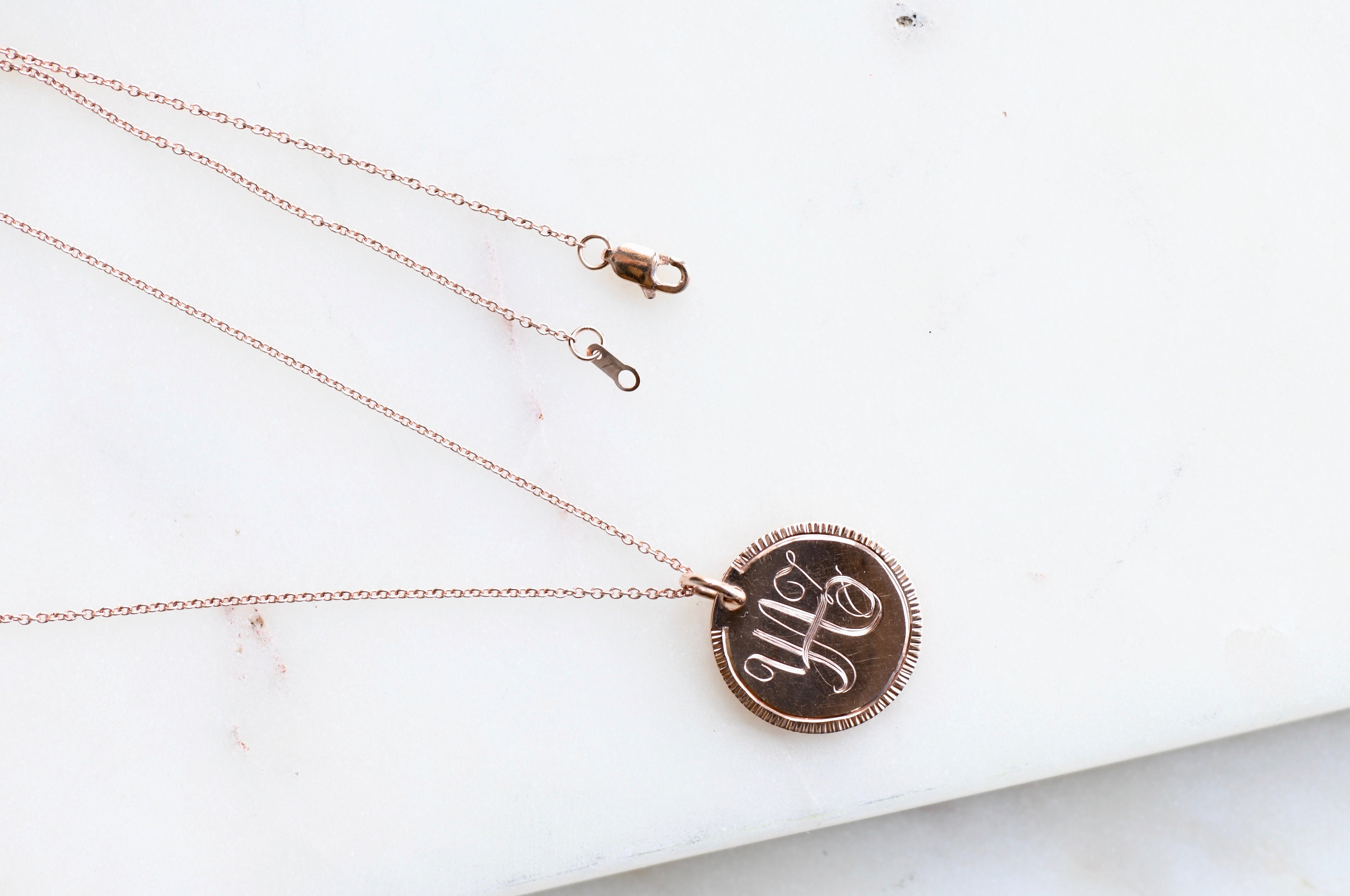14k Solid Rose Gold Hand Engraved Monogram Necklace | Etsy