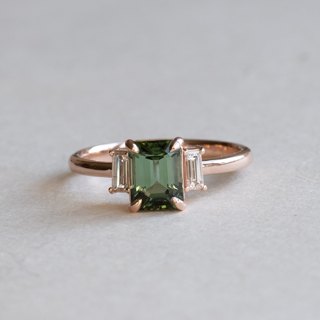 1.7 Carat Green Tourmaline Ring: Emerald Cut, Baguette Diamonds, 14K ...