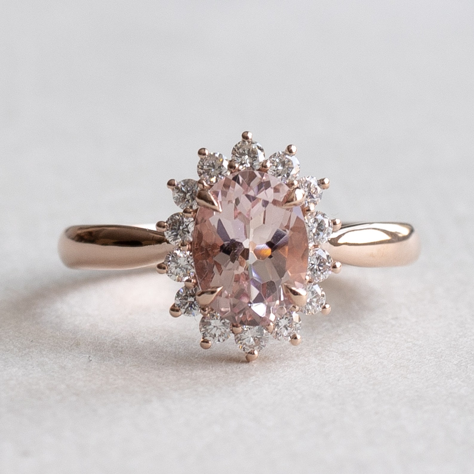 14k Rose Gold Pink Morganite Cluster Ring, Diamond Ring, Morganite Ring ...