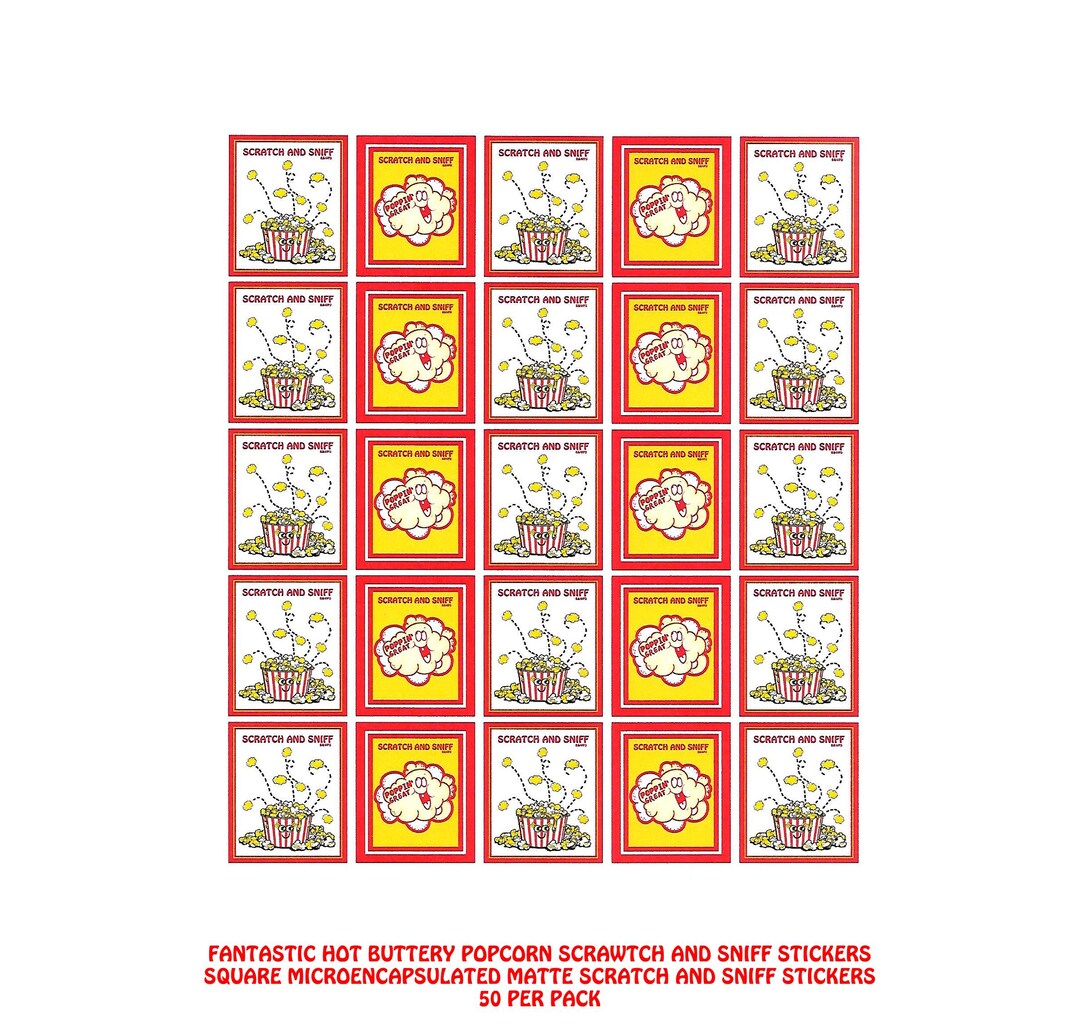 POPCORN Scratch and Sniff Stickers. Hot Buttery Popcorn Scented Square ...