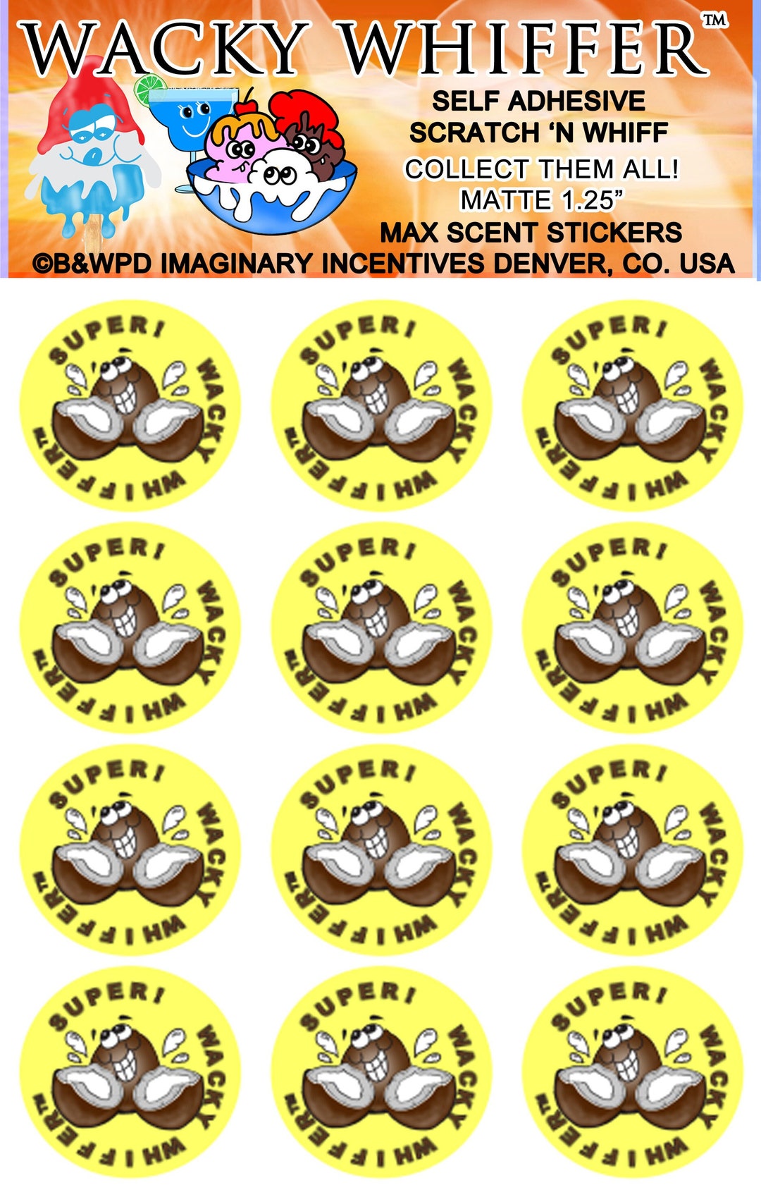 Coconut Scented Stickers. Coconut MAX Scent Wacky Whiffer Stickers for ...