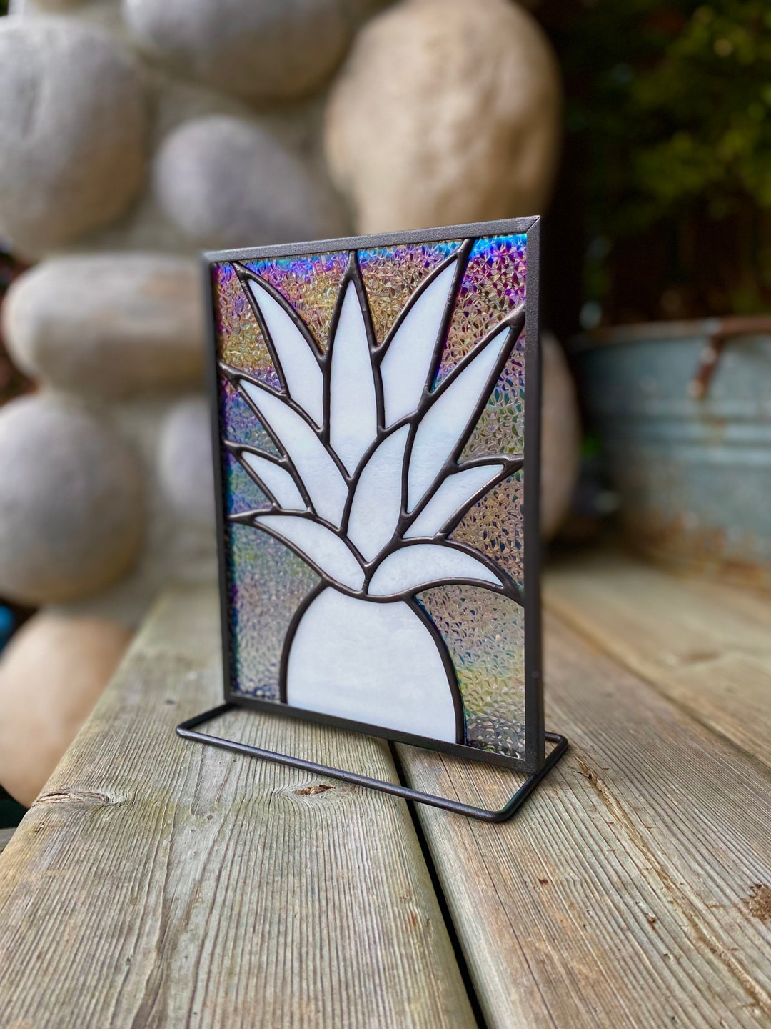 Pineapple Stained Glass, Iridescent White and Clear, Stand - Etsy