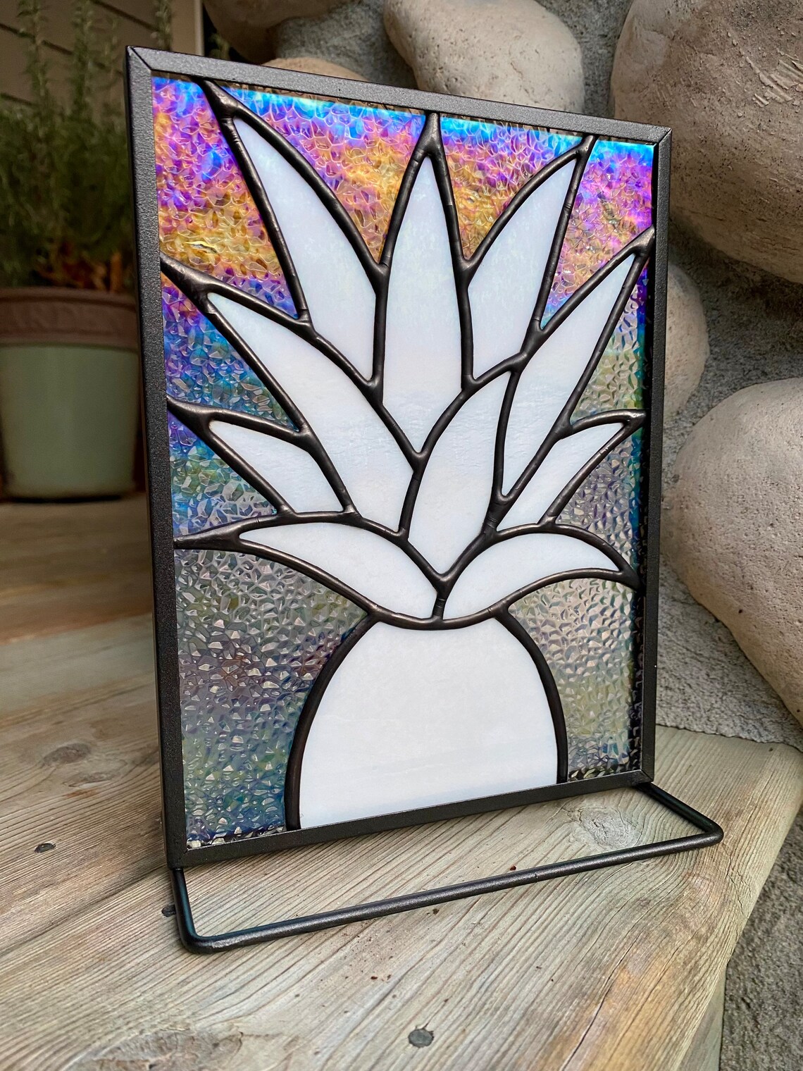 Pineapple Stained Glass, Iridescent White and Clear, Stand - Etsy