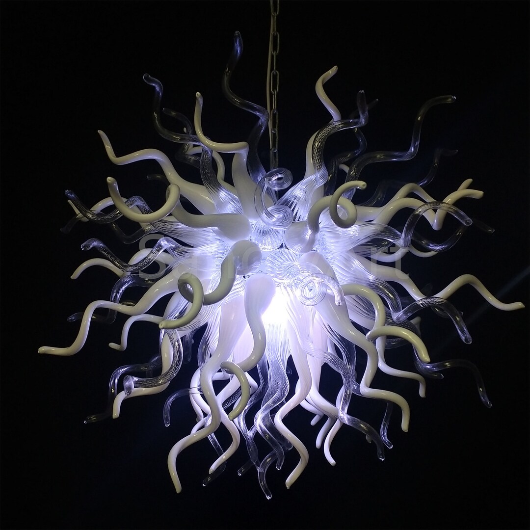 90cm Remote Control RGB Led Blown Glass Chandelier White Mixed Clear ...