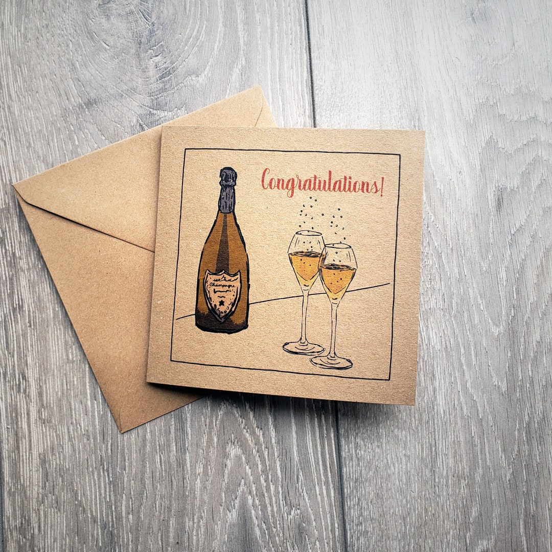 Champagne Congratulations Card, Illustrated Unisex Cheers Congrats Wine ...