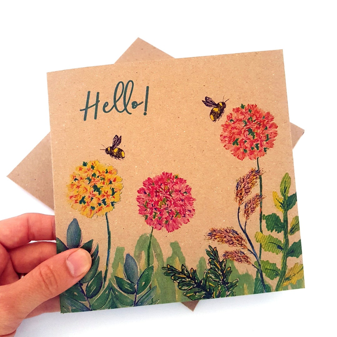 Hello Note Card With Bees and Flowers, Unique Illustrated Recycled ...