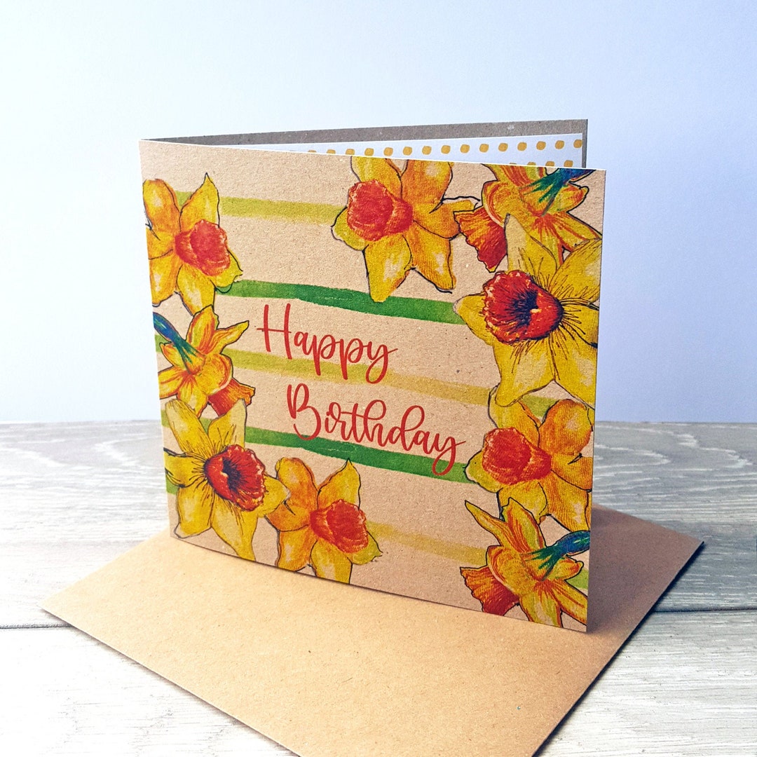 Daffodil Birthday Card, Unique Illustrated Recycled Greeting Card With ...