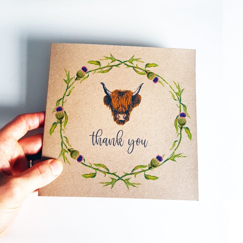 Highland Cow Thank You Card With Thistles Unique Illustrated - Etsy