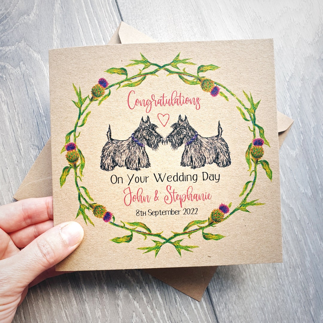 Personalised Scottie Dog Wedding Card, Thistle Illustration - Etsy