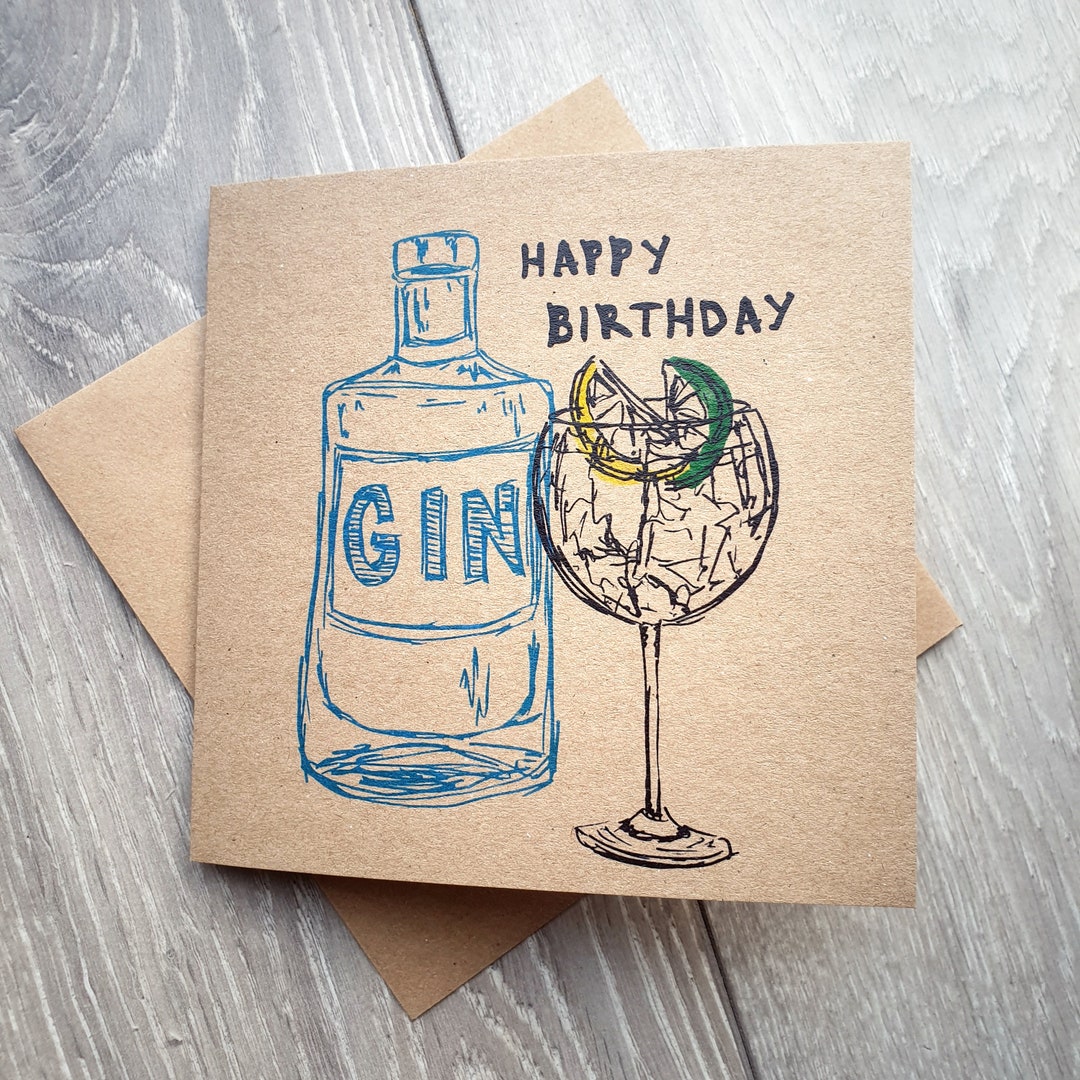 Gin Happy Birthday Card, Illustrated Bottle and Balloon Glass Cards ...